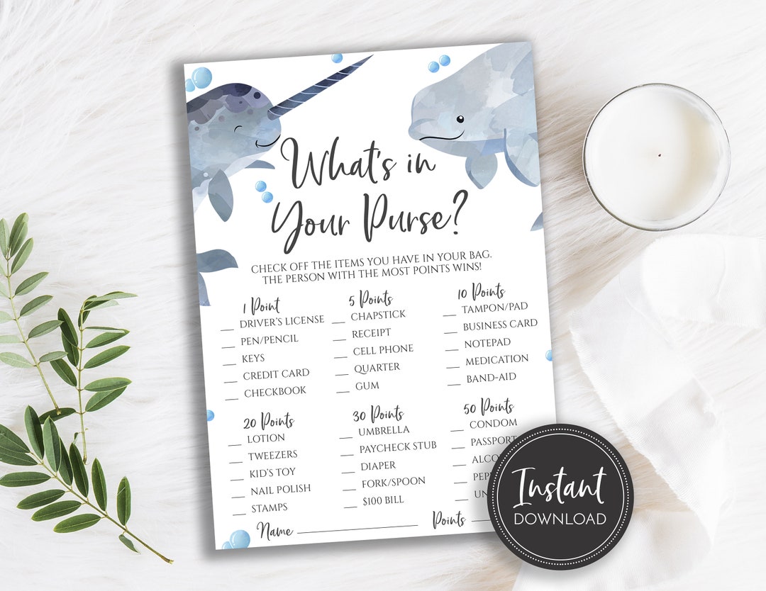 Whale Narwhal What's in Your Purse Game Baby Shower - Etsy