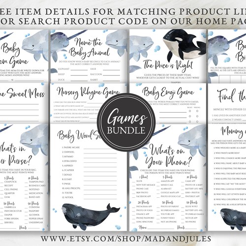 Whale Narwhal Baby Shower Game Bundle Blue White Baby Boy | Etsy