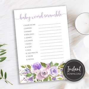 Lavender Purple Floral Word Scramble Baby Shower Game, Instant Download ...