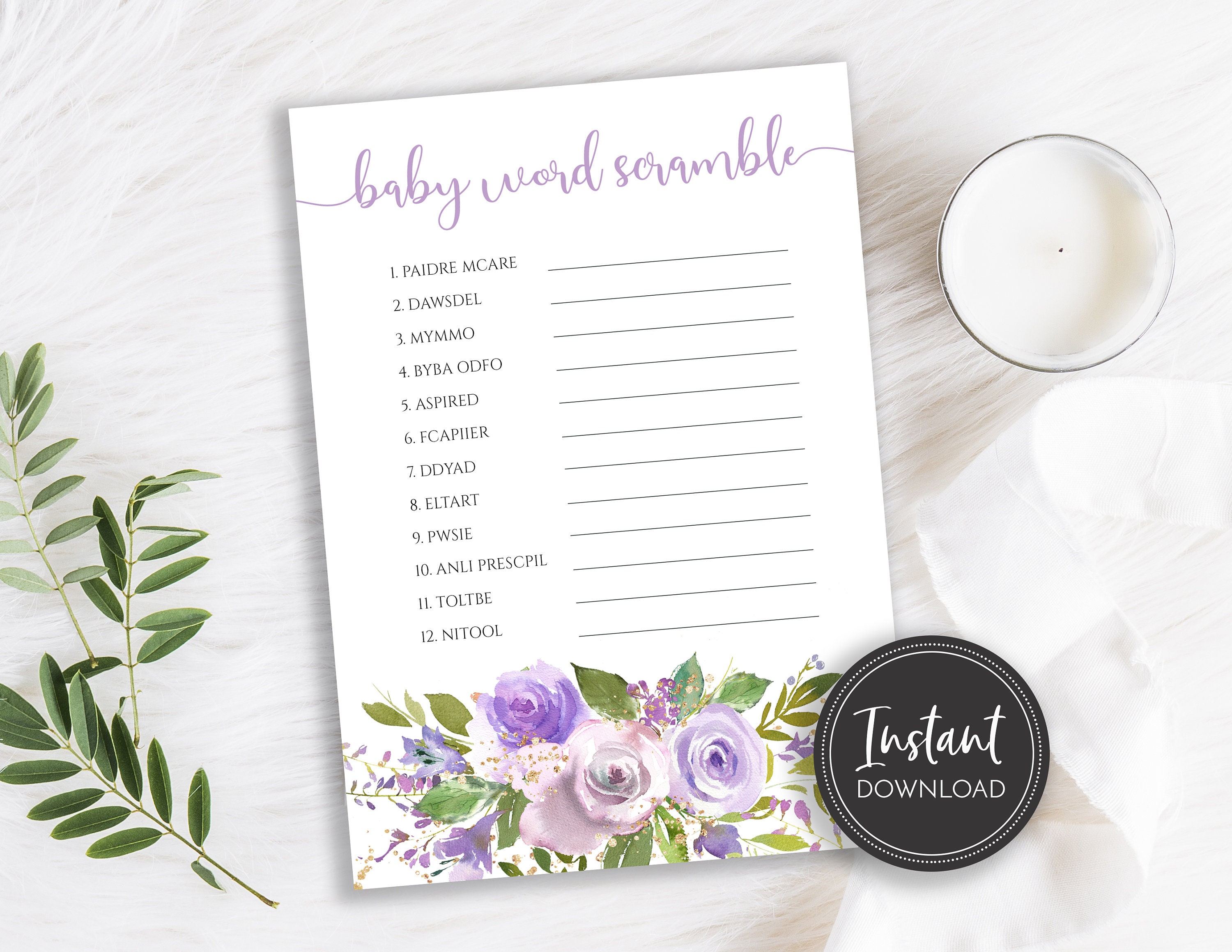 Lavender Purple Floral Word Scramble Baby Shower Game Instant - Etsy