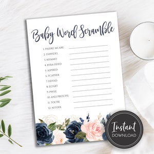 Navy and Blush Pink Roses Baby Word Scramble Baby Shower Game Floral ...