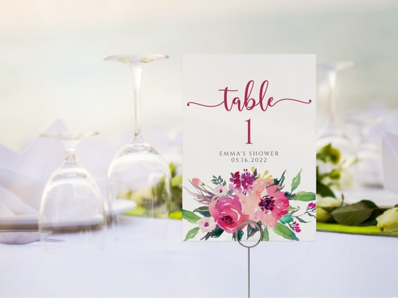 Magenta Pink Floral table number signs, table number template ...