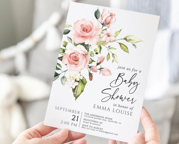 Pink Roses Baby Shower Invitation Template, Blush Pink Flowers Invite ...