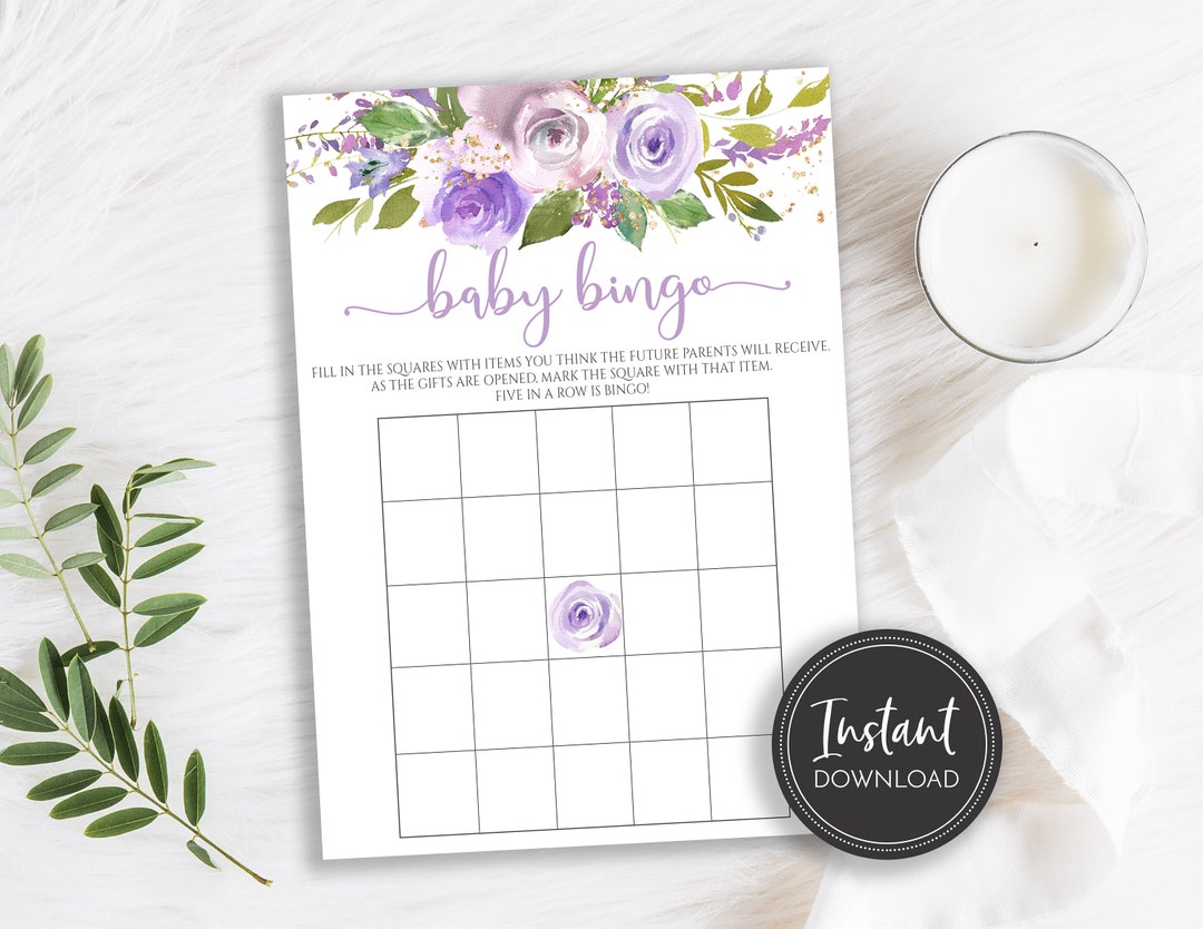 Lavender Purple Floral Baby Bingo Shower Game, Instant Download ...