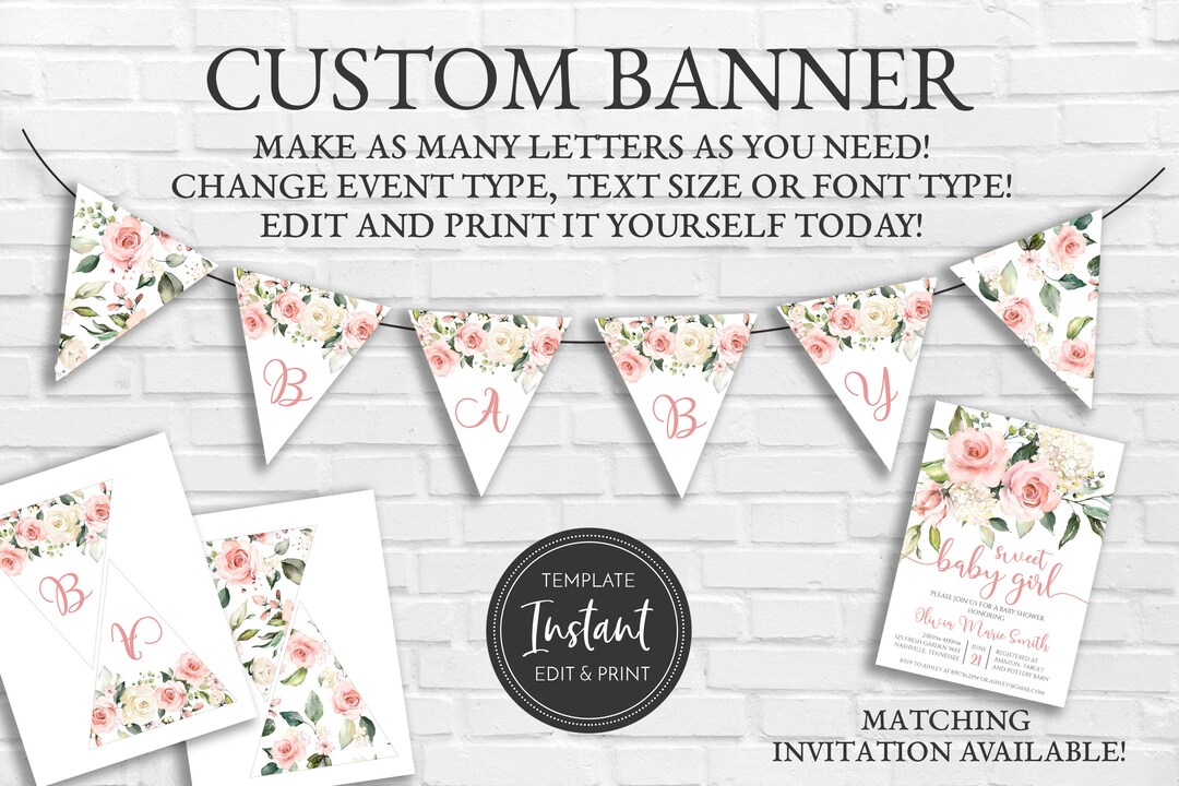Blush Pink Roses Baby Shower or Bridal Shower Edit Yourself DIY Banner ...