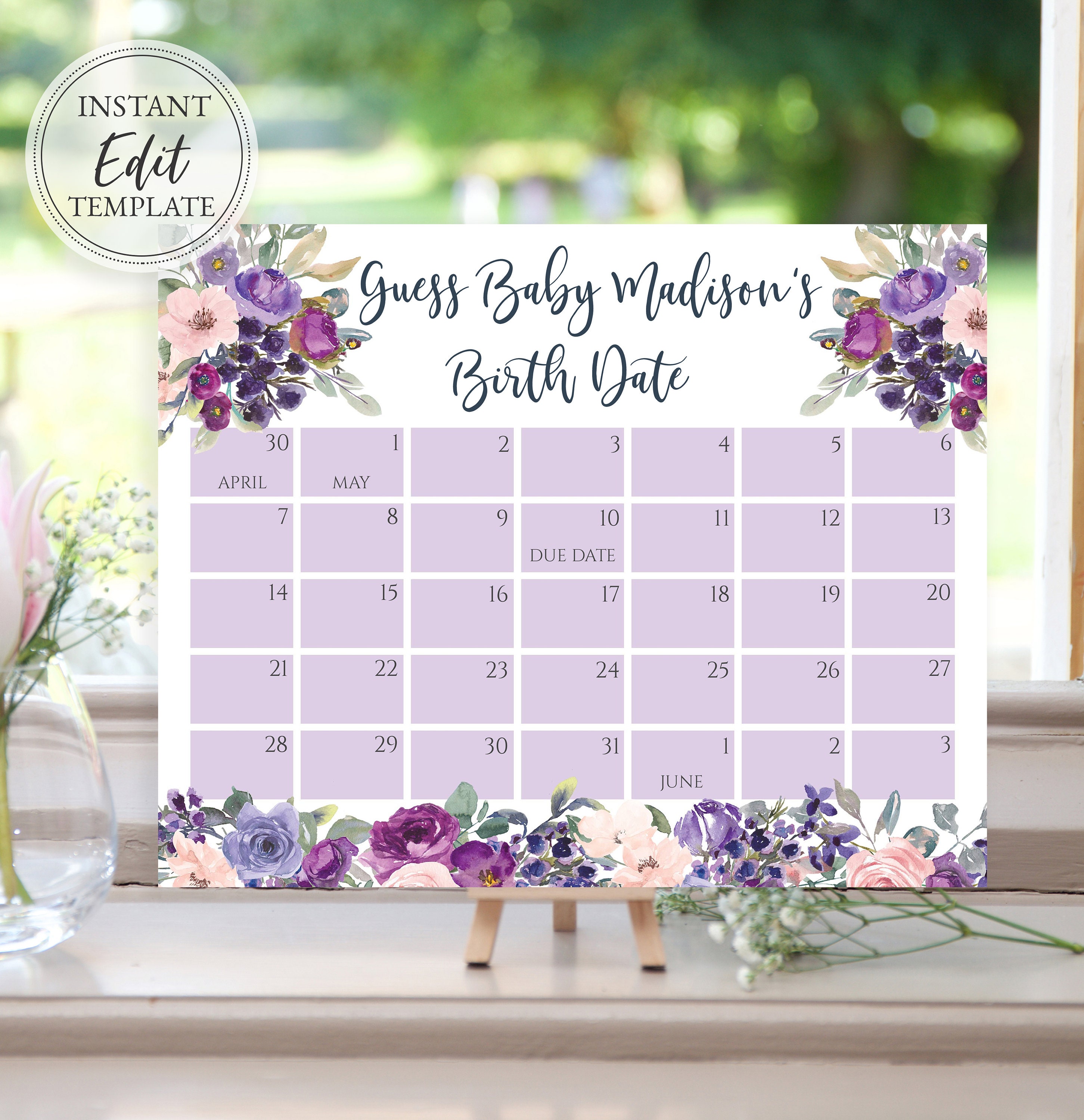 Purple Floral Guess Baby's Due Date Calendar Template - Etsy