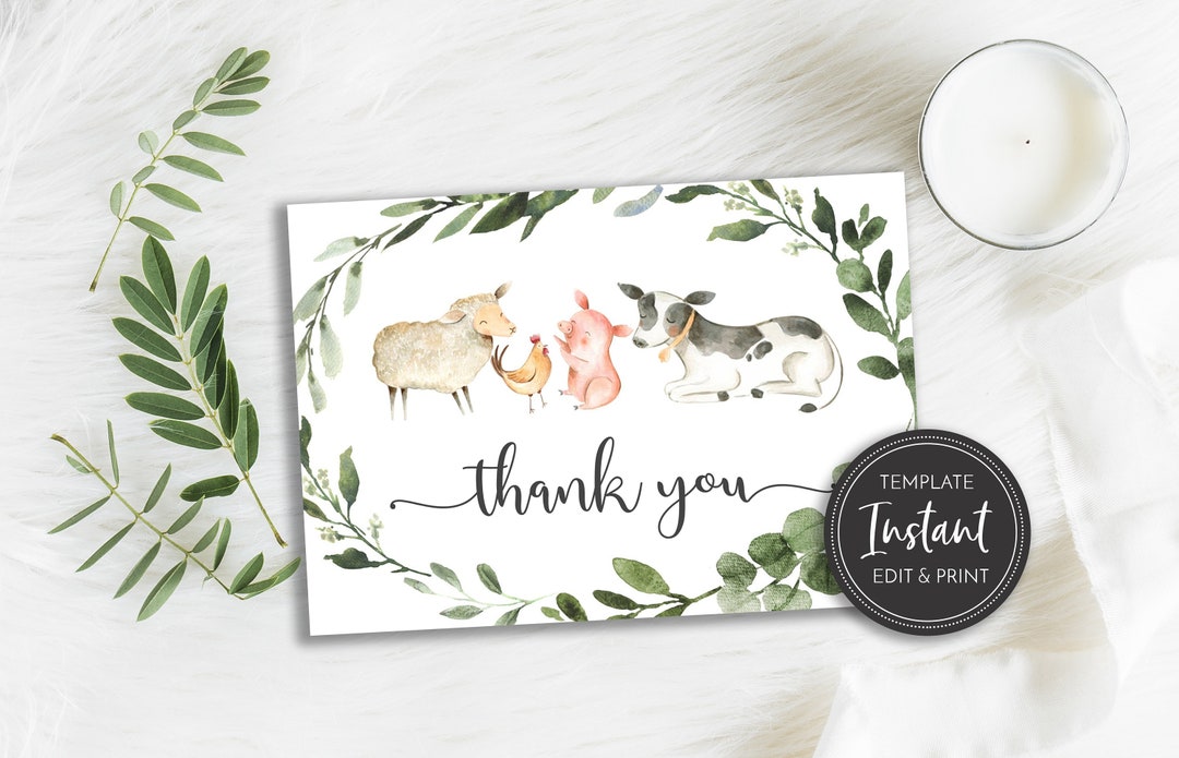 Farm Animals Thank You Card, Baby Shower Thank You Card Template, Flat ...
