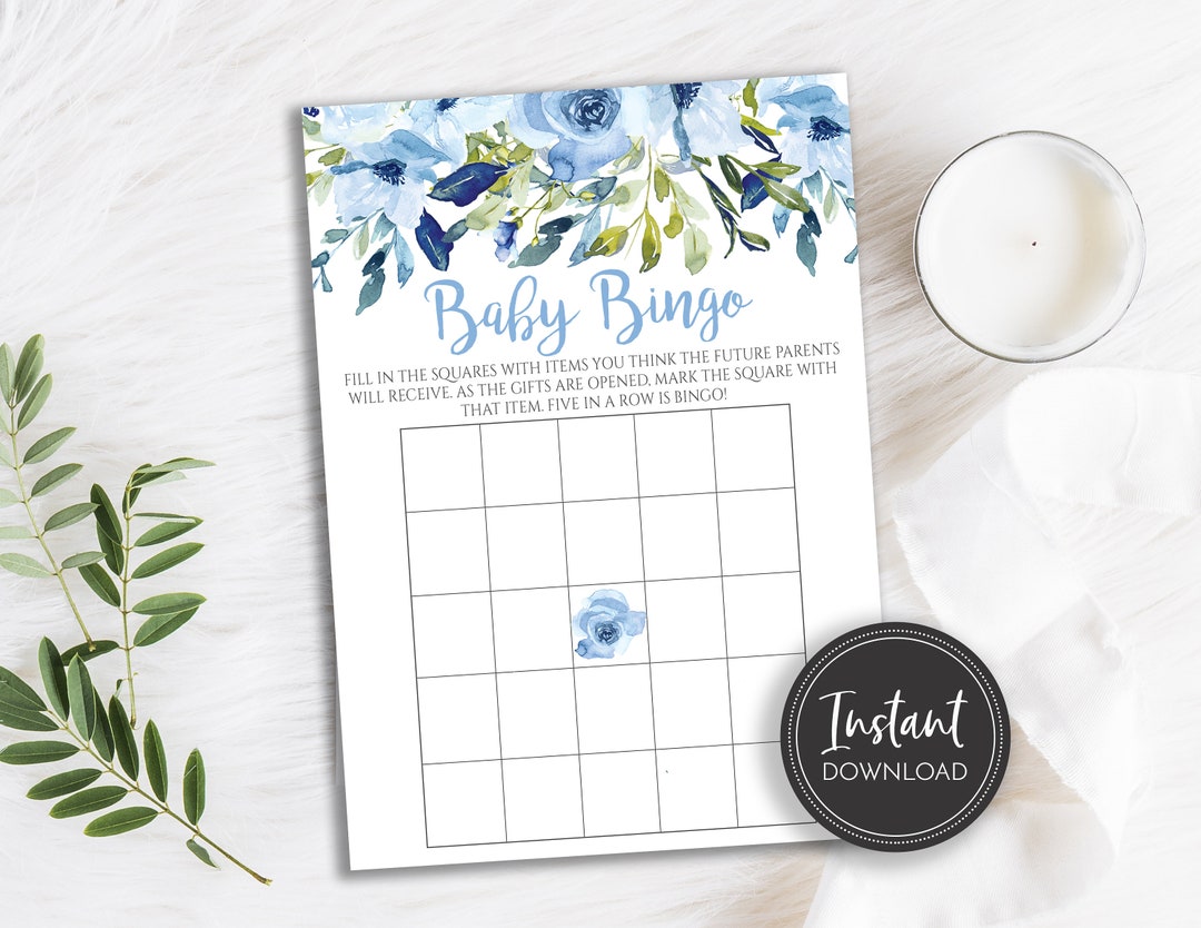 Baby Bingo Game, Blue Boy Baby Shower Game, Blue Floral Game, Instant ...