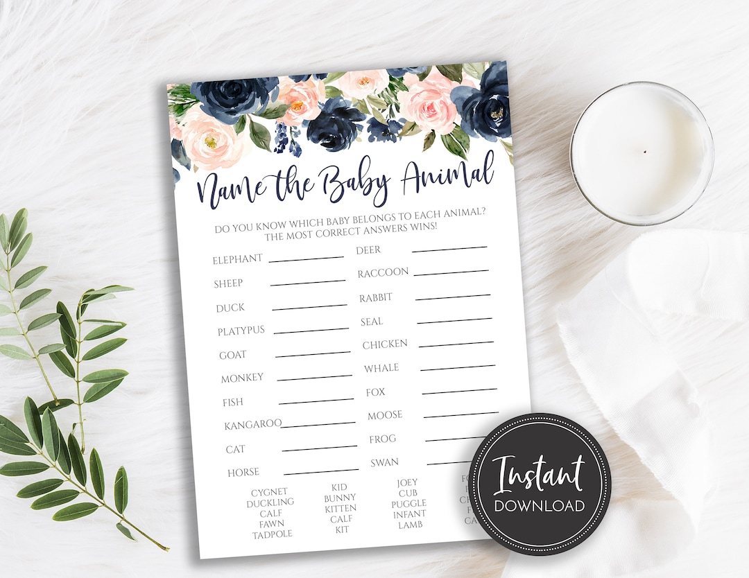 Navy and Blush Pink Roses Name the Baby Animal Shower Game, Floral ...