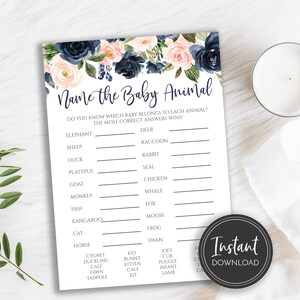 Navy and Blush Pink Roses Name the Baby Animal Shower Game, Floral ...