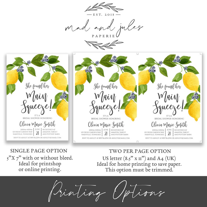 Main Squeeze Lemon Bridal Shower Invitation Lemons Lemonade - Etsy