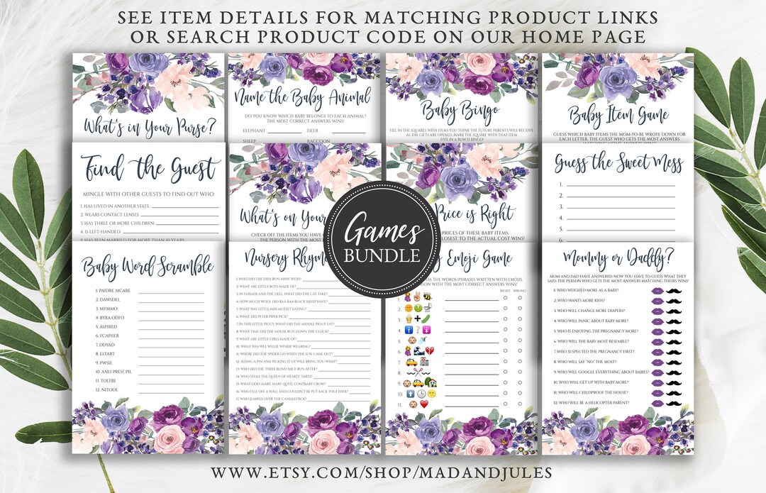 Purple Baby Shower Game Bundle, Mommy Daddy, Word Scramble, Bingo, Baby ...