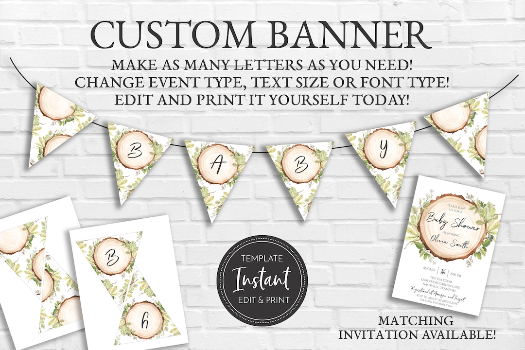Rustic Woodland Custom Banner Template, Wood Slice, Greenery, Baby ...
