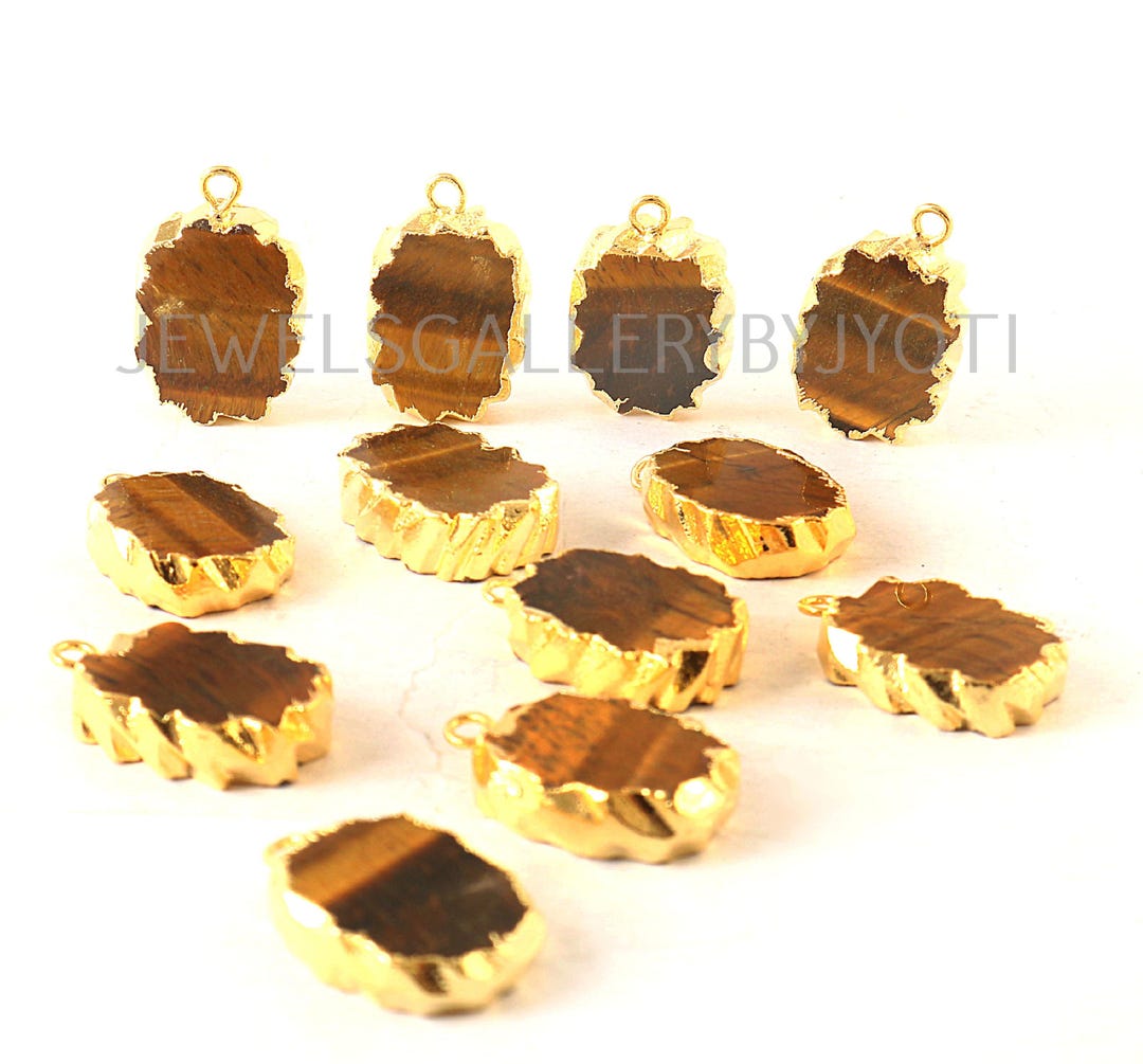 Tiger Eye Organic Slice Connectors, Tiger Eye Gold Electroplated Smooth ...