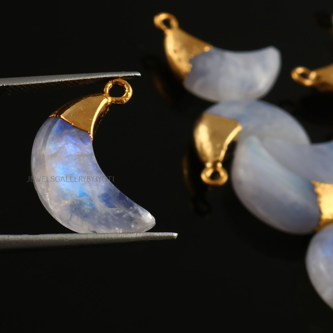 A Pair of Bright Flashy Rainbow Moonstone Carved Crescent Moon Charm ...
