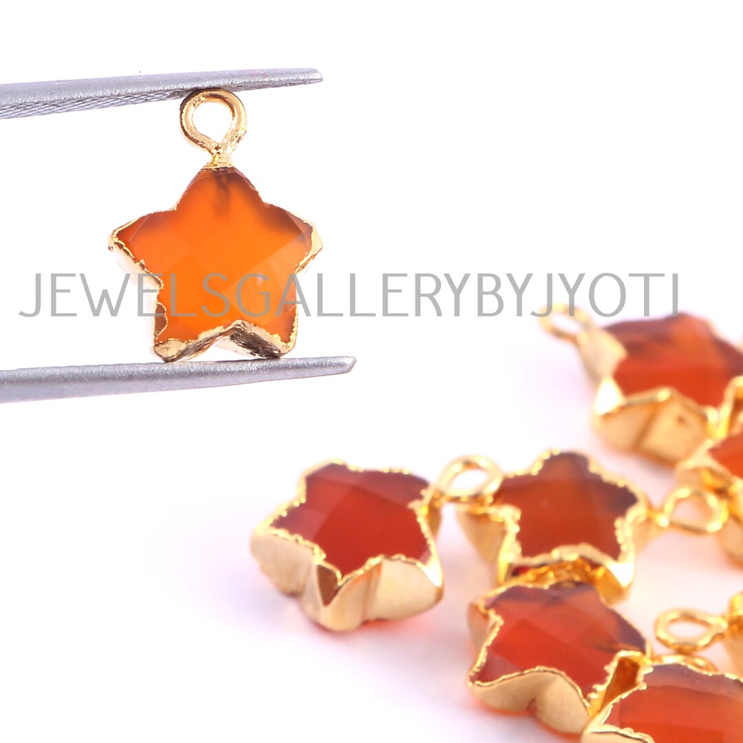 A Pair of Natural Carnelian Carved Star Charm, Electroplated Natural ...