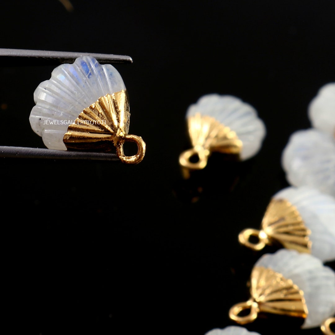 4 Pieces of Rainbow Moonstone Carved Shell Charm, Electroplated Natural ...