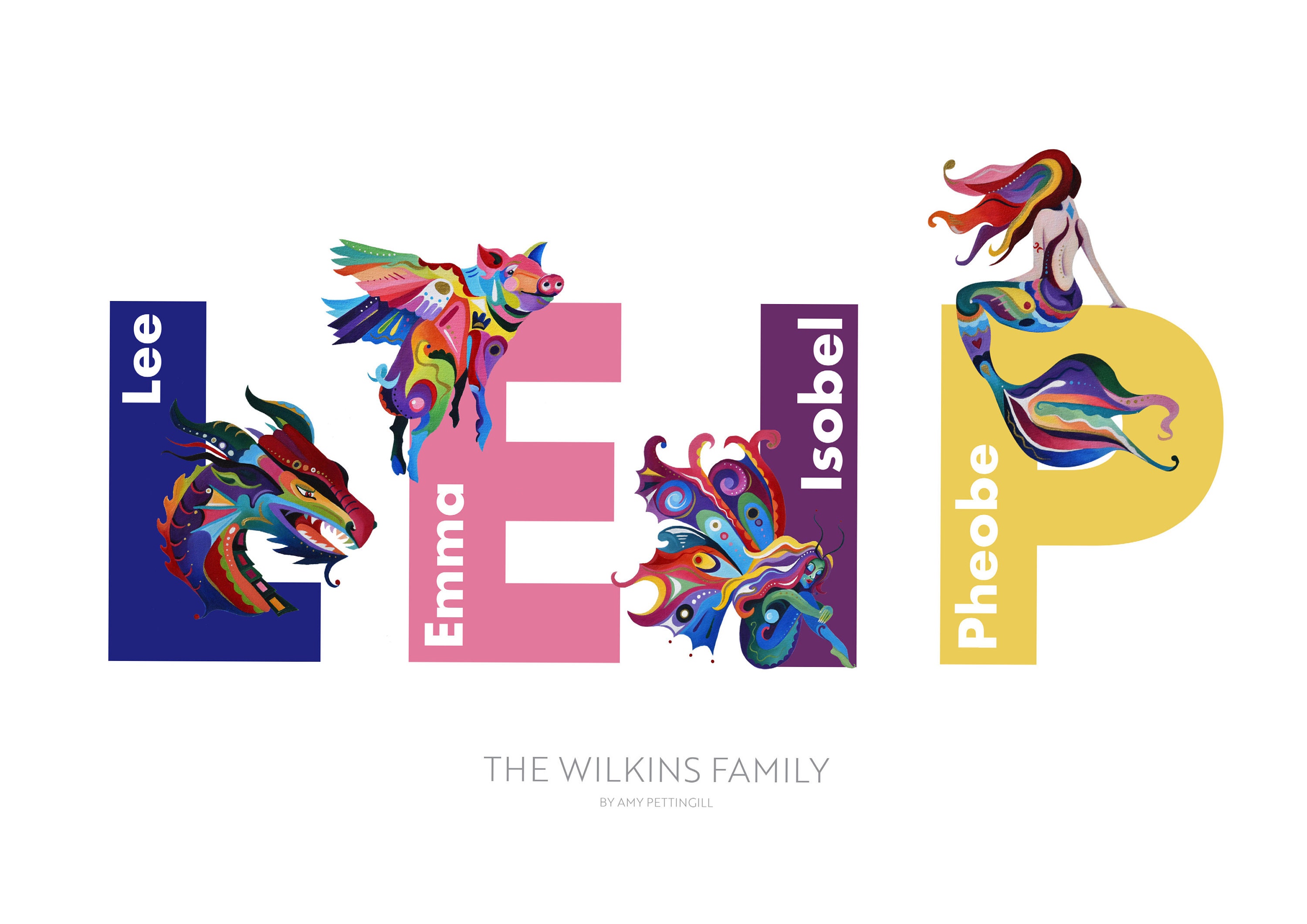 Personalised Colourful Family Print With Mystical Friends | Wall Art ...