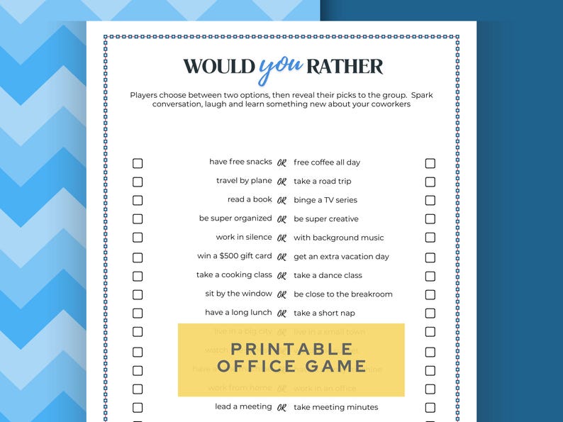Would You Rather Ice Breaker Game: Printable Office Party Games ...