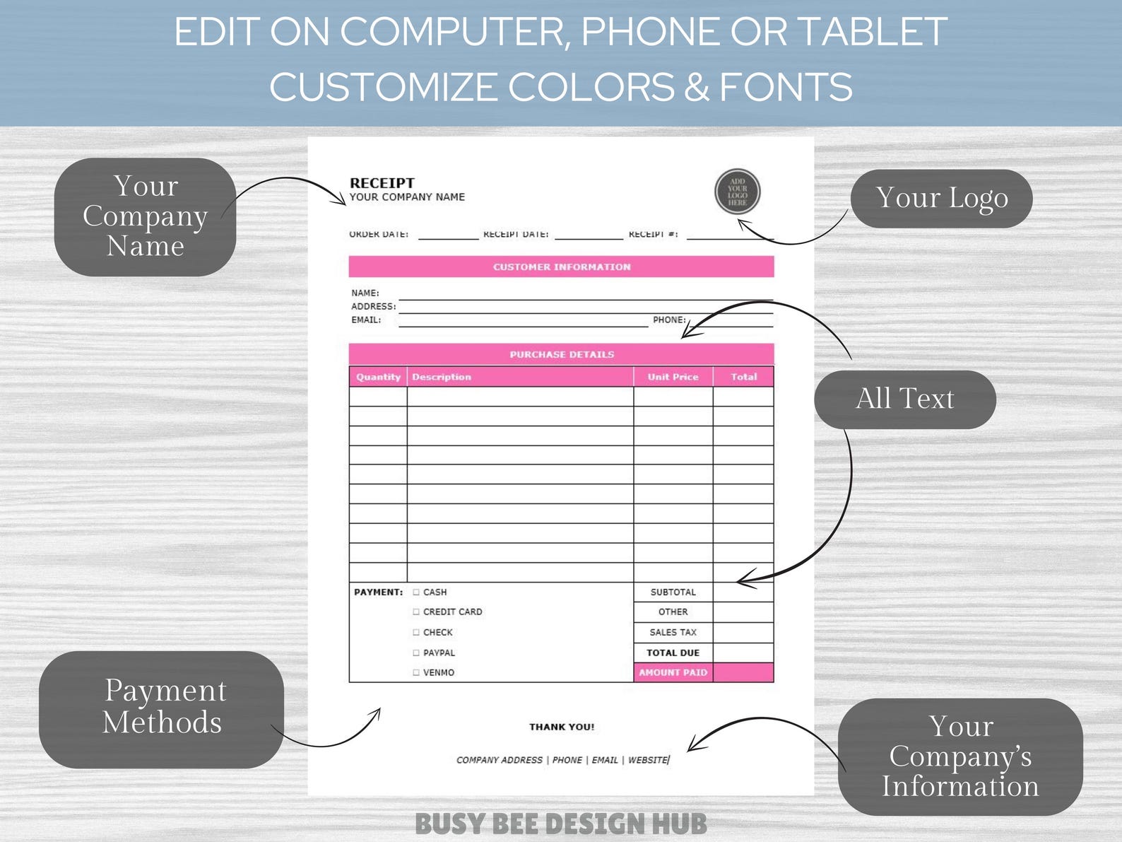Editable Receipt Template Printable Small Business Digital Download ...