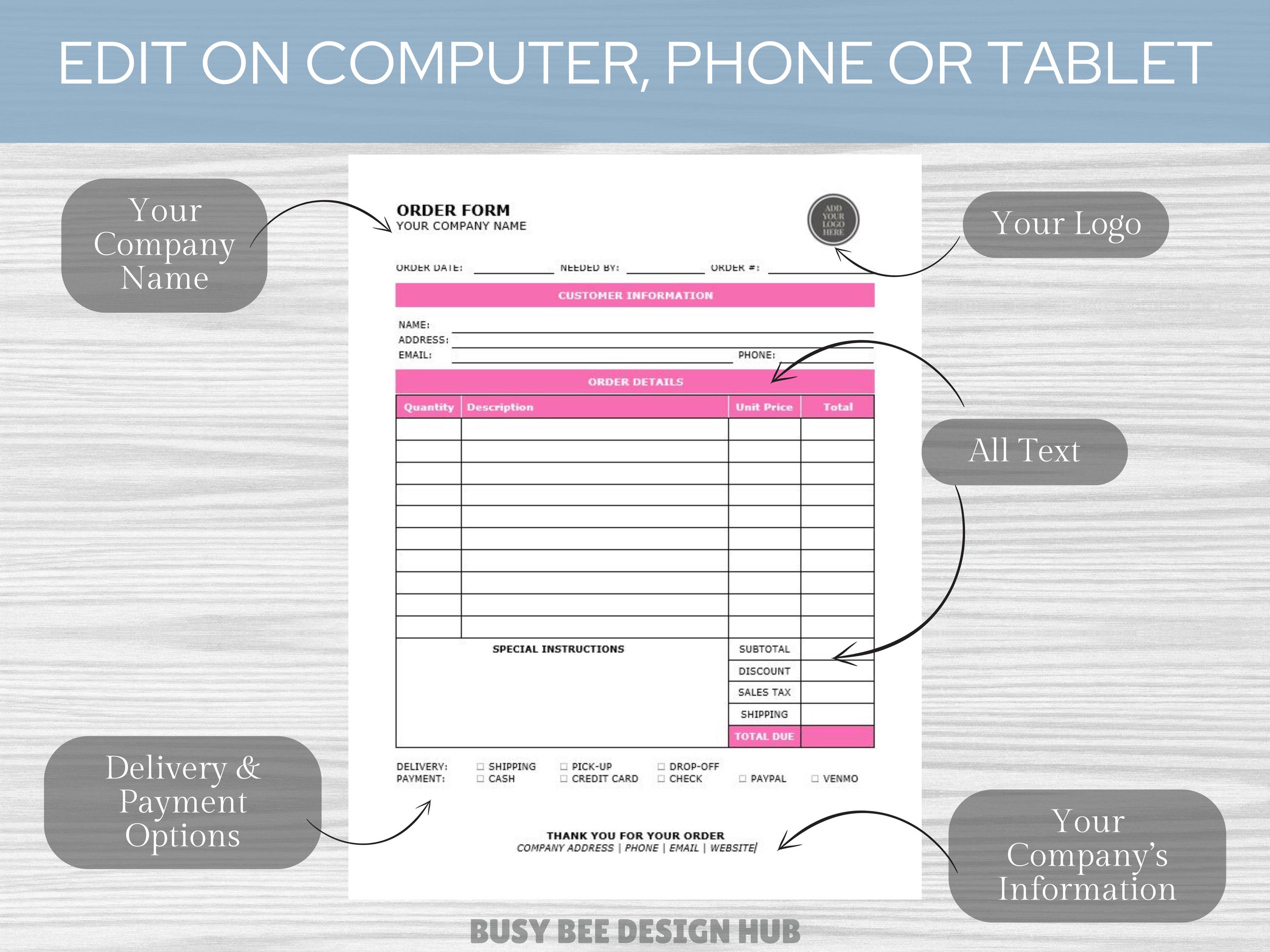 Editable Order Form Template Printable Small Business Custom Order Form ...