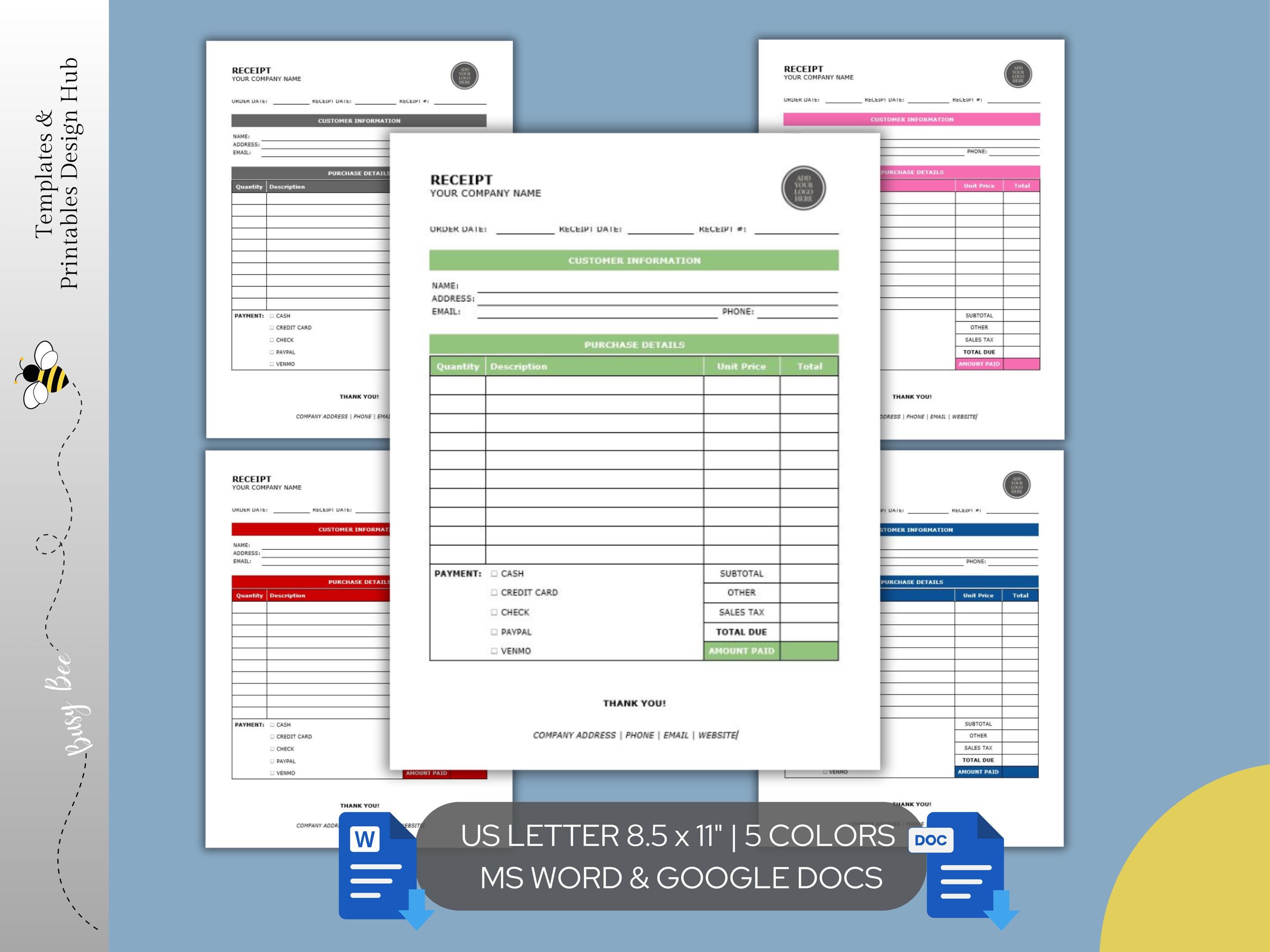 Editable Receipt Template Printable Small Business Digital Download ...