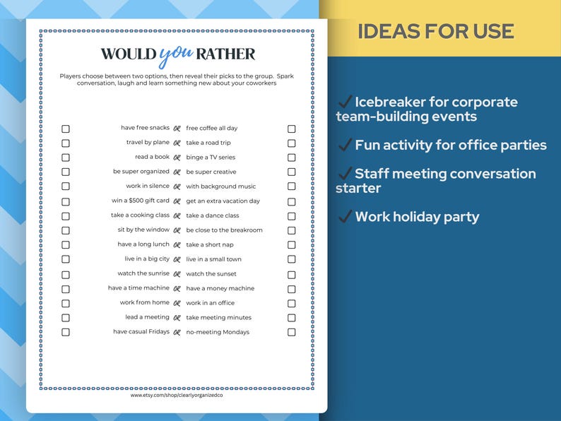 Would You Rather Ice Breaker Game: Printable Office Party Games ...