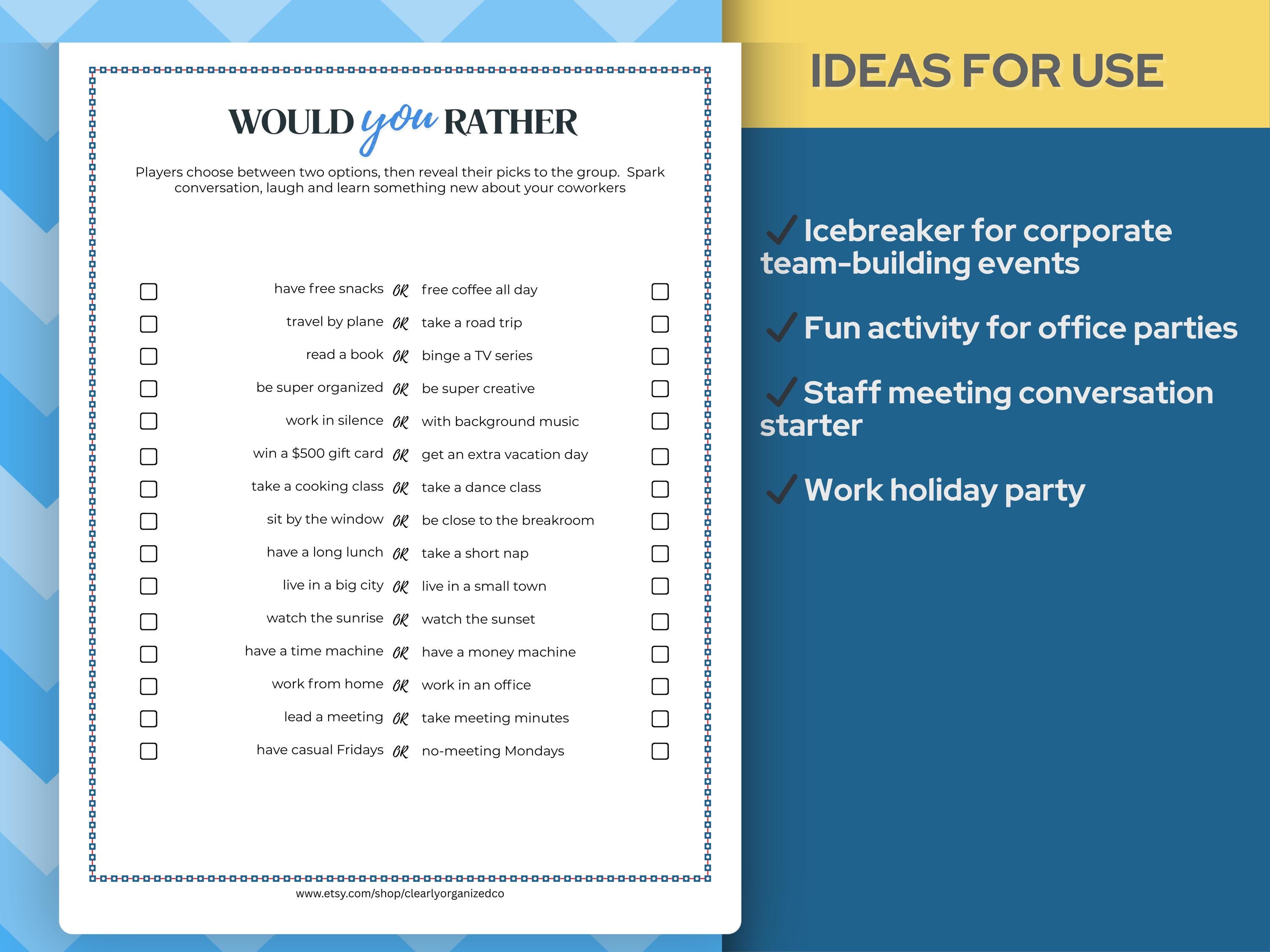 Would You Rather Ice Breaker Game: Printable Office Party Games ...