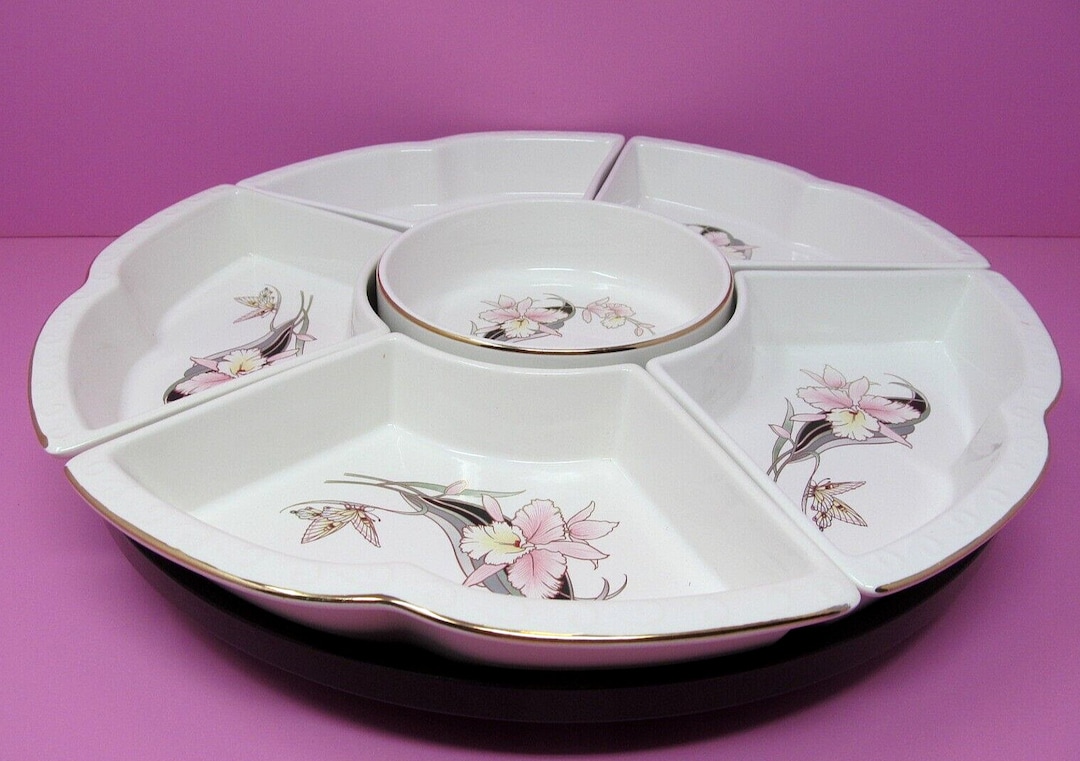 Vintage Seizan Lazy Susan Server White Inserts W/ Flowers & Butterflies ...