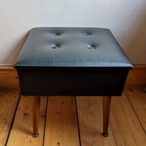 1960s Black Vinyl Buttoned Sewing or Craft Box, Foot Stool With Bright ...