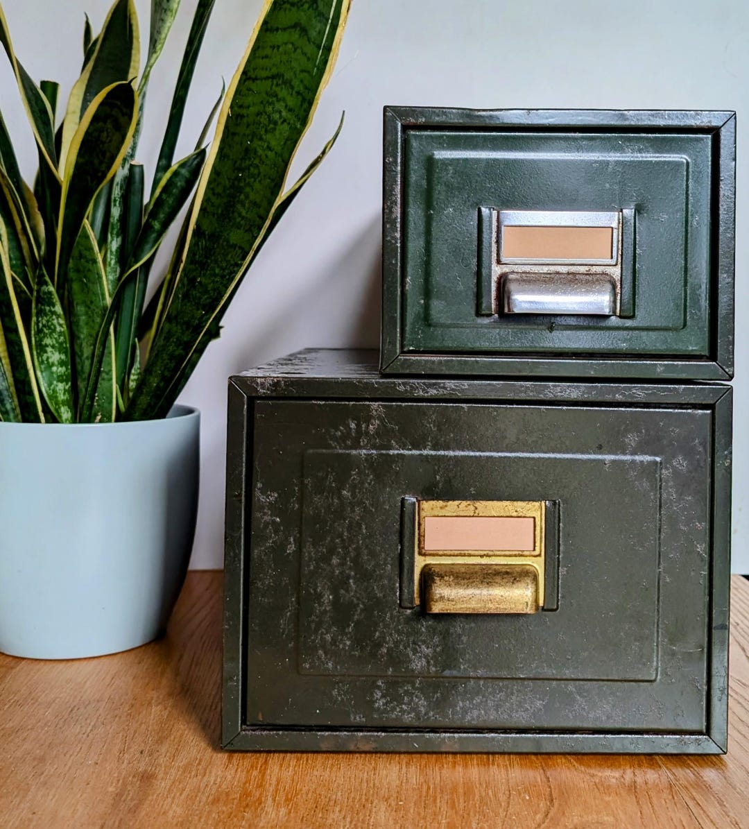 Midcentury Green and Brass Steel Index Filing Card Drawers for Storage ...
