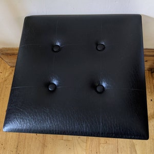 1960s Black Vinyl Buttoned Sewing or Craft Box, Foot Stool With Bright ...