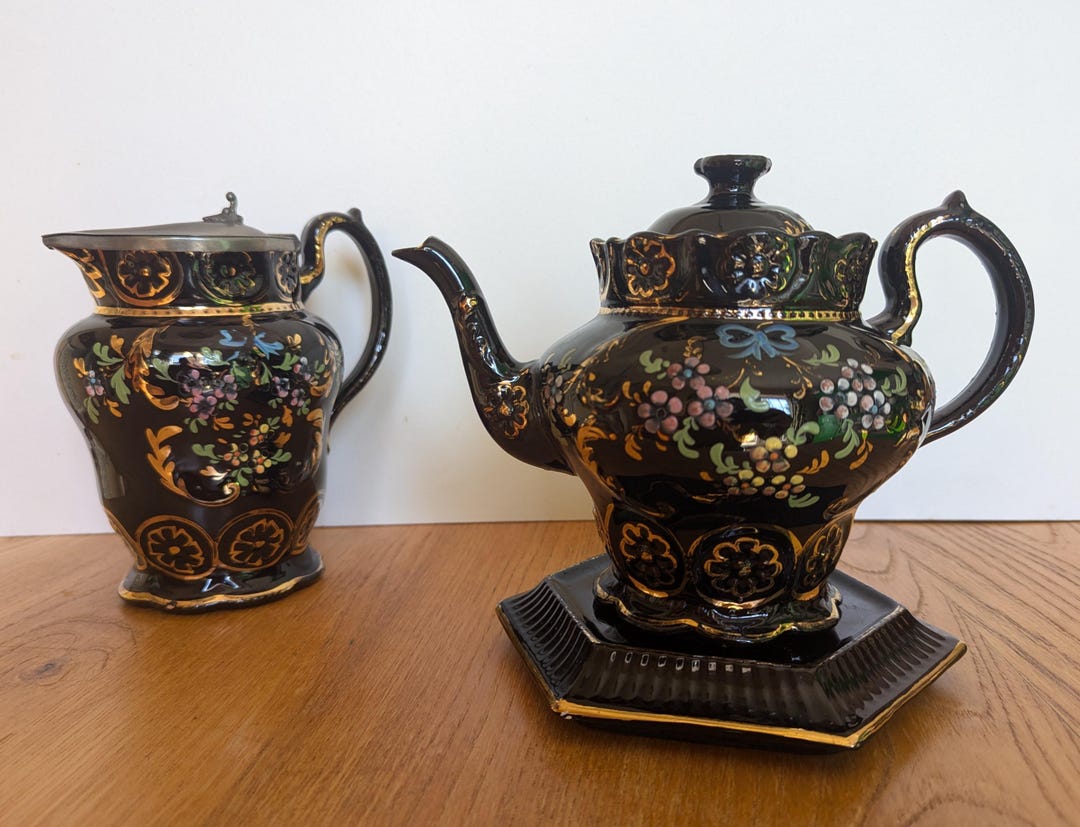 1880s Victorian Black Ground Floral Hand-painted Teapot With Stand, and ...