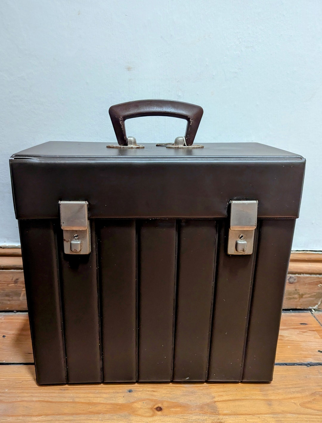 Vintage Dark Brown-green Record Case, Ribbed Vinyl Record Storage Carry ...
