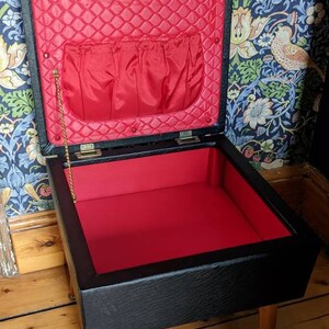 1960s Black Vinyl Buttoned Sewing or Craft Box, Foot Stool With Bright ...