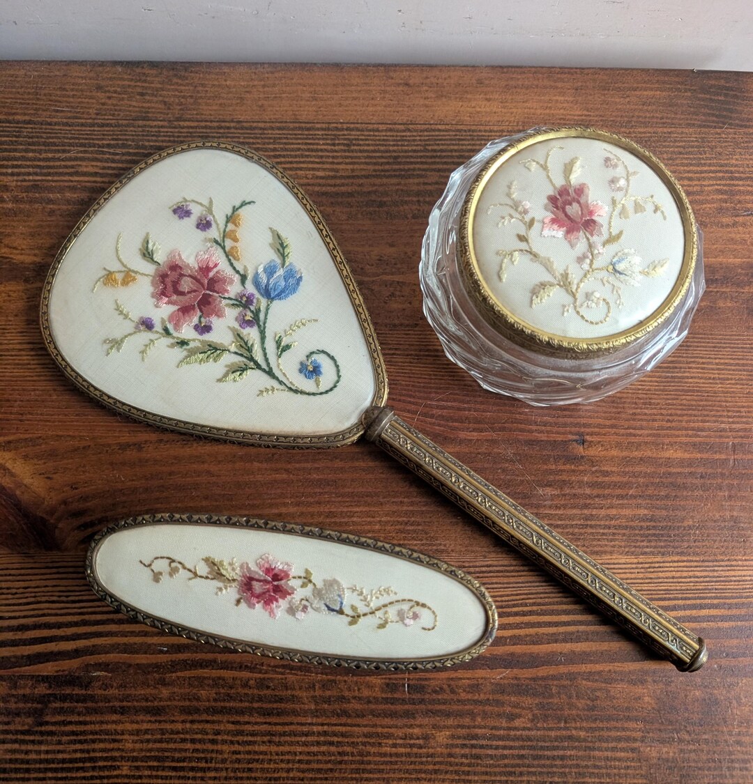 Vintage Dressing Table Set 1930s-40s Petit Point Embroidery, Brushes ...