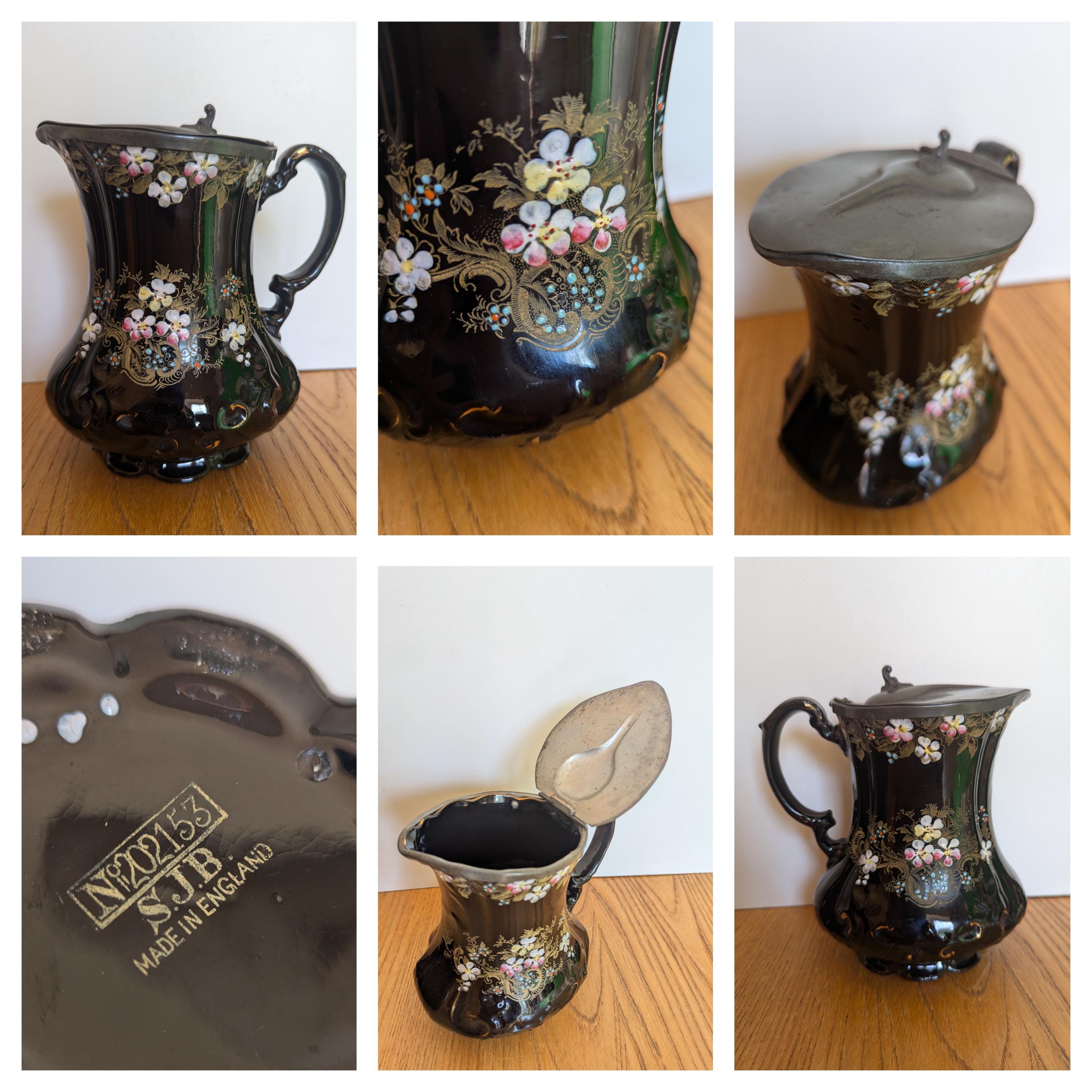 Late 1800s Victorian Black Ground Floral Hand-painted Jugs, Collection ...