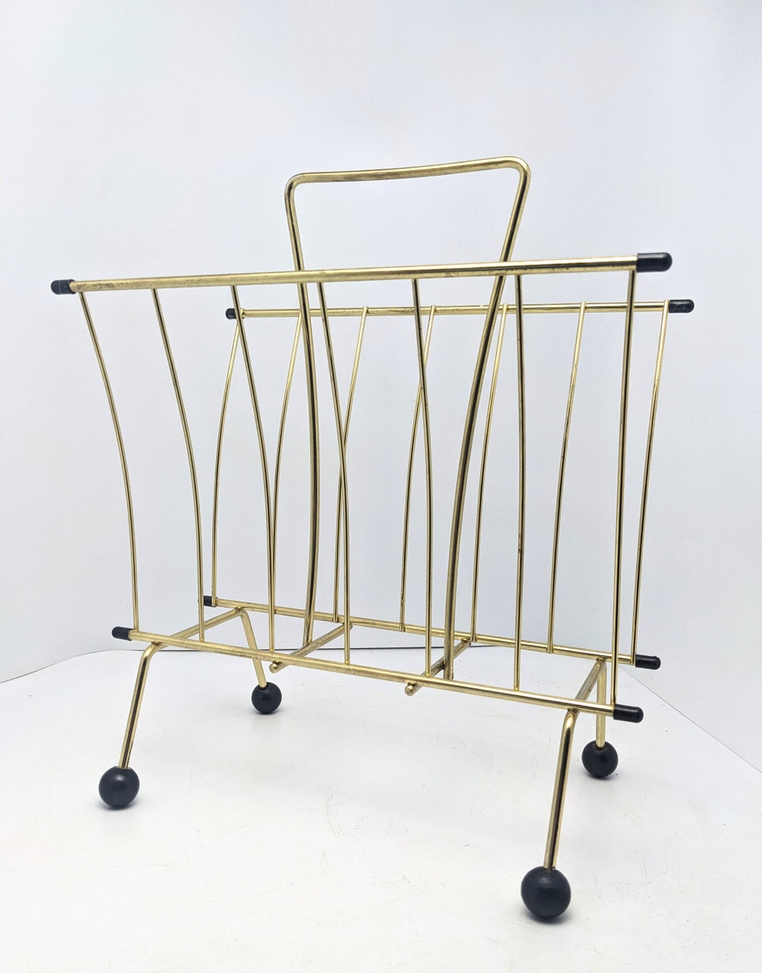Midcentury Gold Tone Atomic Magazine Rack or Record Rack With Black ...