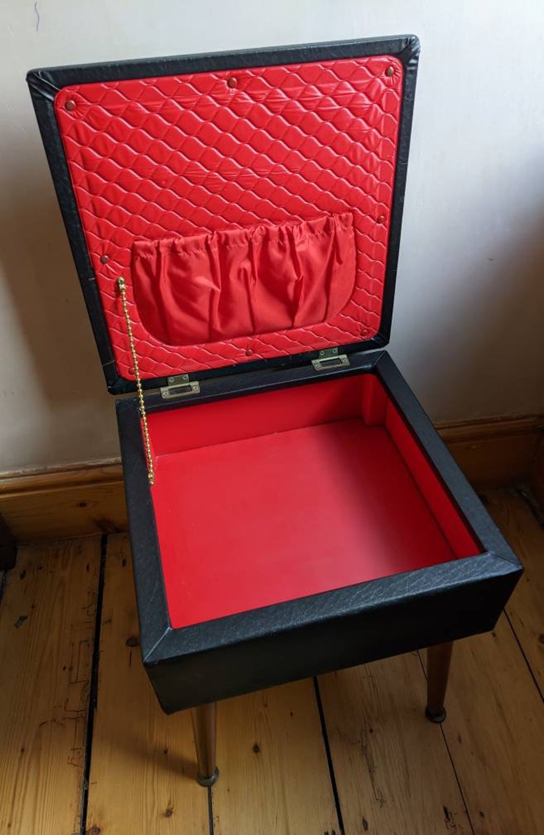 1960s Black Vinyl Buttoned Sewing or Craft Box, Foot Stool With Bright ...