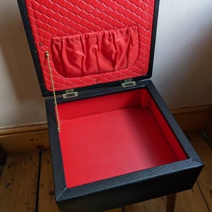 1960s Black Vinyl Buttoned Sewing or Craft Box, Foot Stool With Bright ...