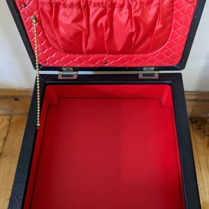 1960s Black Vinyl Buttoned Sewing or Craft Box, Foot Stool With Bright ...