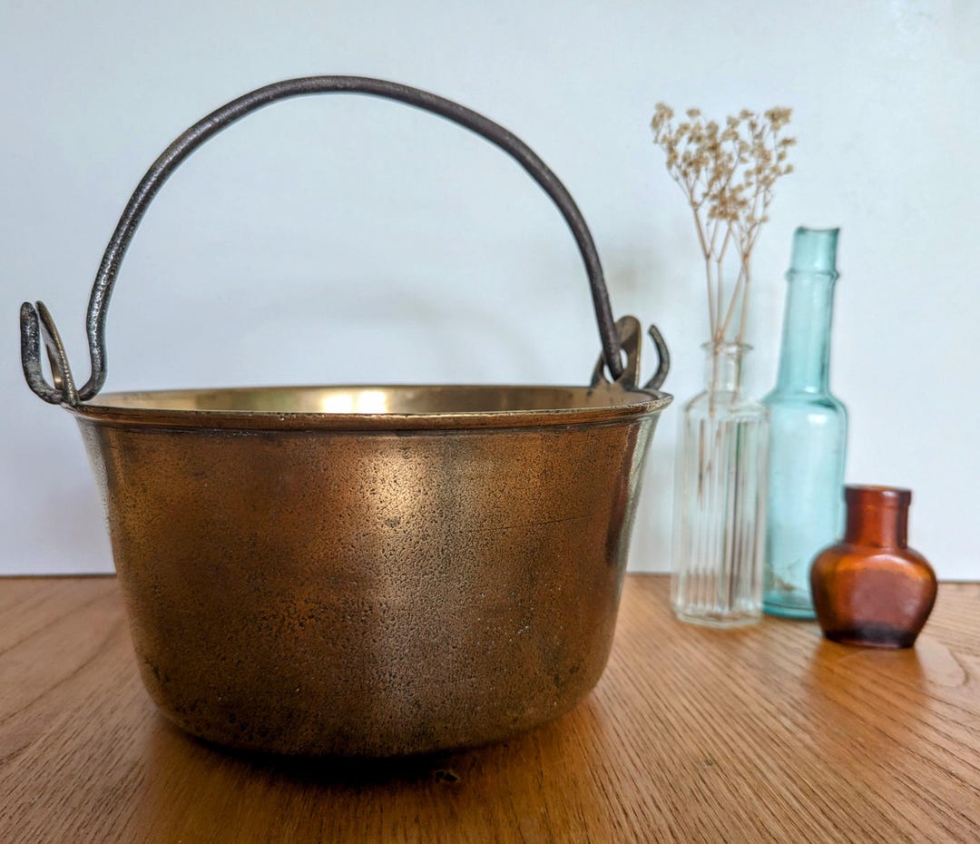 Small 19th Century Antique Brass Cooking Pot With Wrought Iron Handle ...