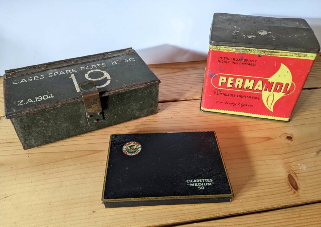 Antique and Vintage Tins, for Military Parts, Cigarettes, Lighter Fuel ...