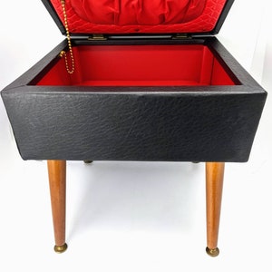 1960s Black Vinyl Buttoned Sewing or Craft Box, Foot Stool With Bright ...