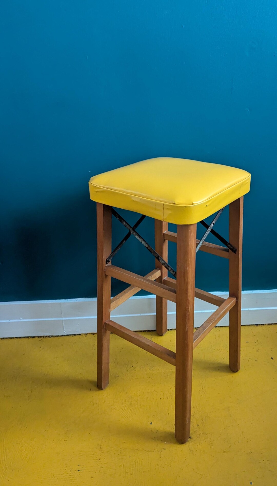 Vintage Beech Tall Stool With Bright Yellow Vinyl Seat - Etsy
