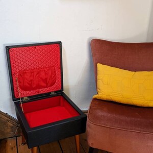 1960s Black Vinyl Buttoned Sewing or Craft Box, Foot Stool With Bright ...