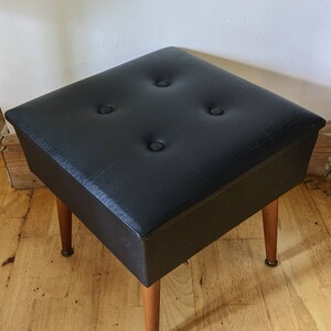 1960s Black Vinyl Buttoned Sewing or Craft Box, Foot Stool With Bright ...