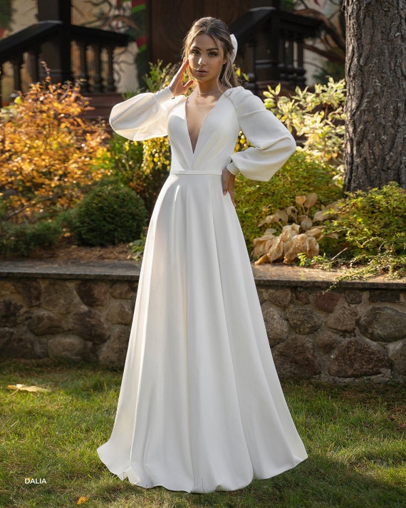 Classic Satin Simple Wedding Dress Long Sleeves Soft Satin Low | Etsy