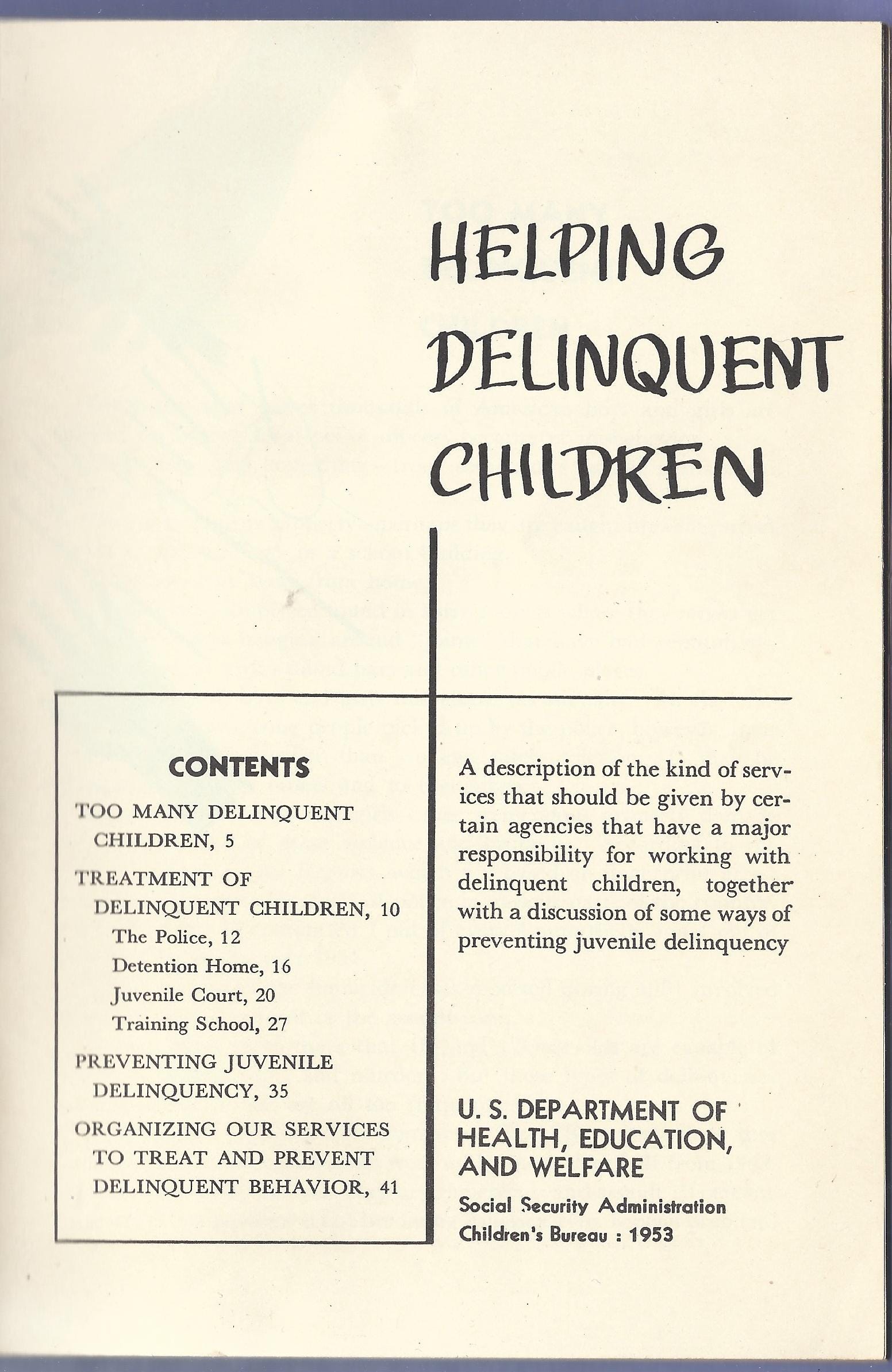1953 HEW Pamphlet "helping Delinquent Children" Children's Bureau ...