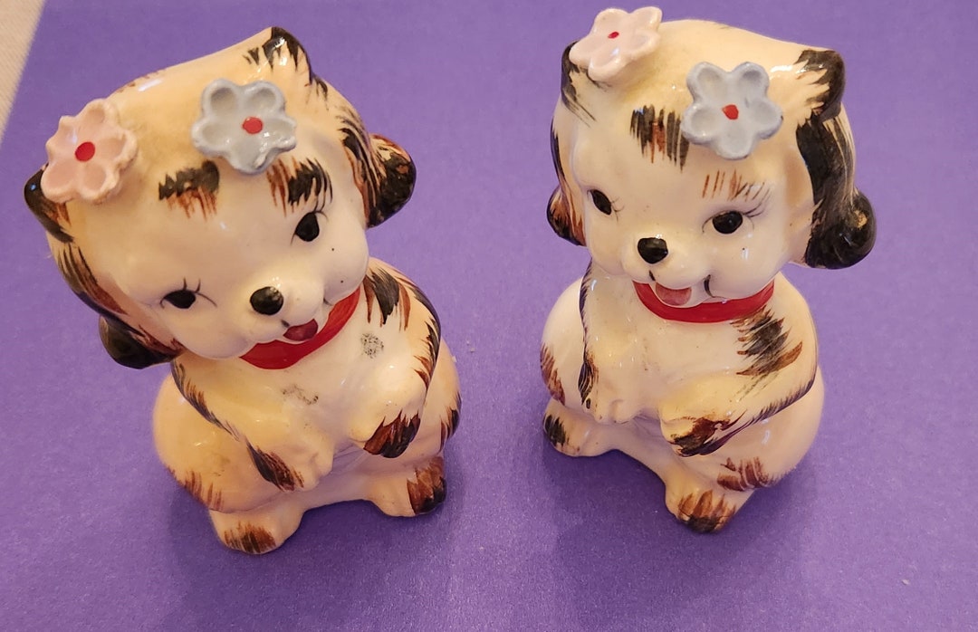 Vintage Nippon Yoko Boeki Pair Porcelain Happy Dogs Japan Pink + Blue ...
